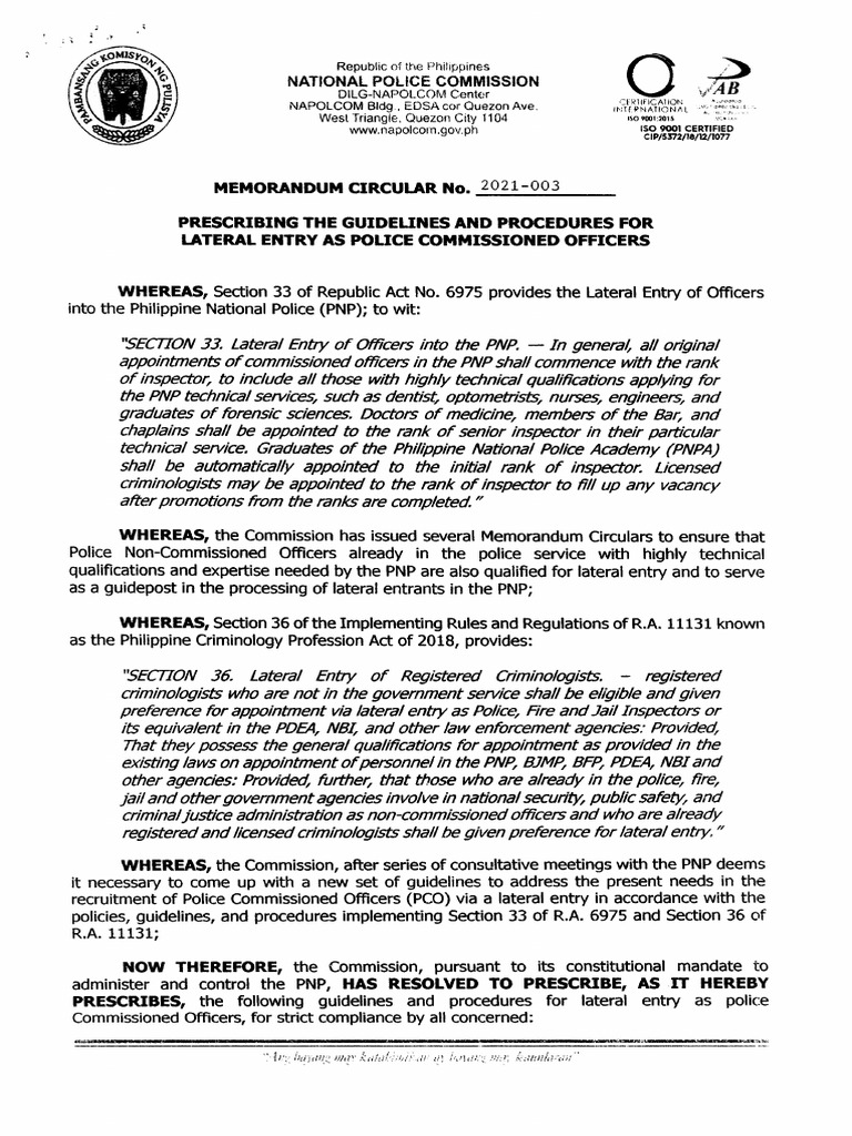 NMC NO 2021 003 Prescribing The Guidelines and Procedures For Lateral Entry As Police ...