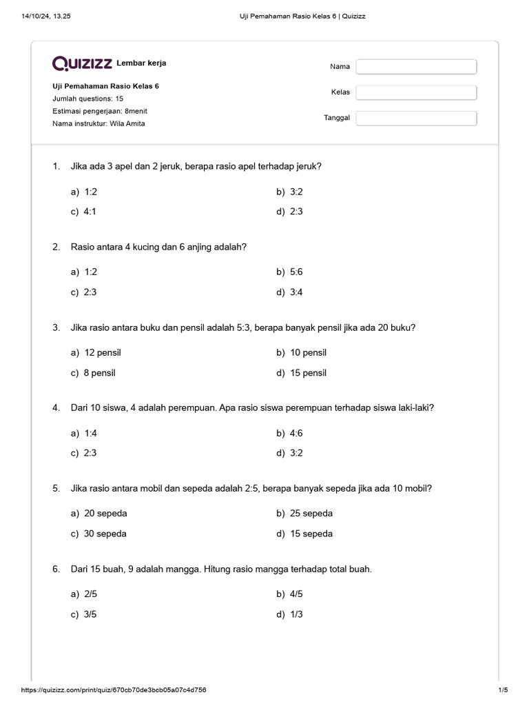 Uji Pemahaman Rasio Kelas 6 - Quizizz | PDF