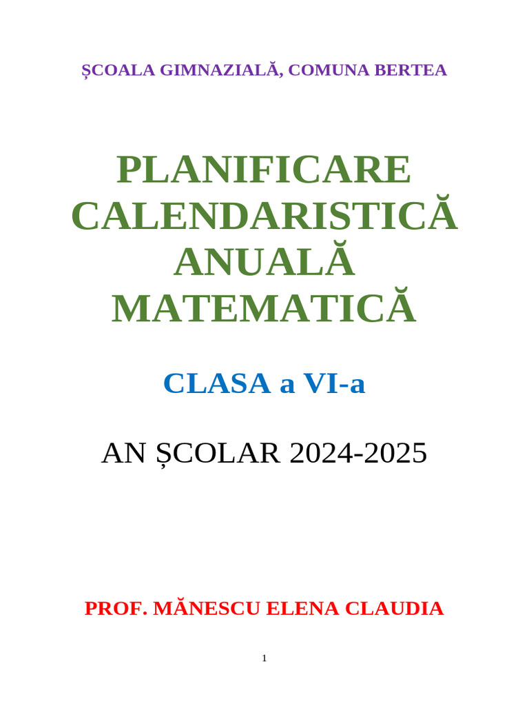 PLANIFICARE MATEMATICA - CLASA A VI-A | PDF