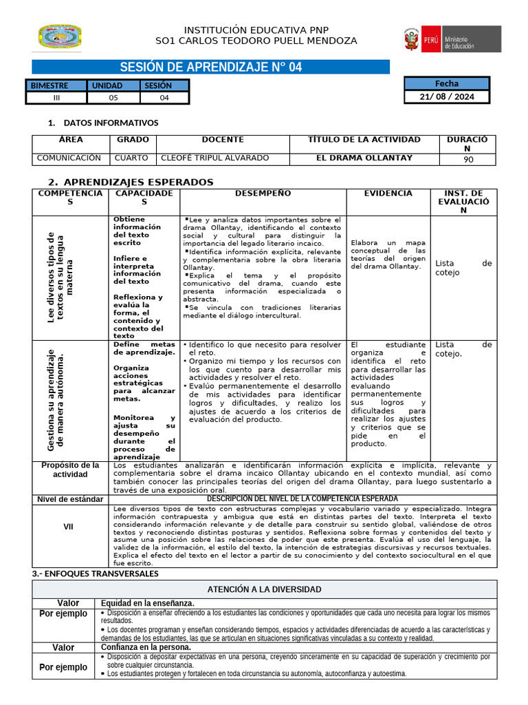 SESIÓN N° 4 DRAMA OLLANTAY | PDF