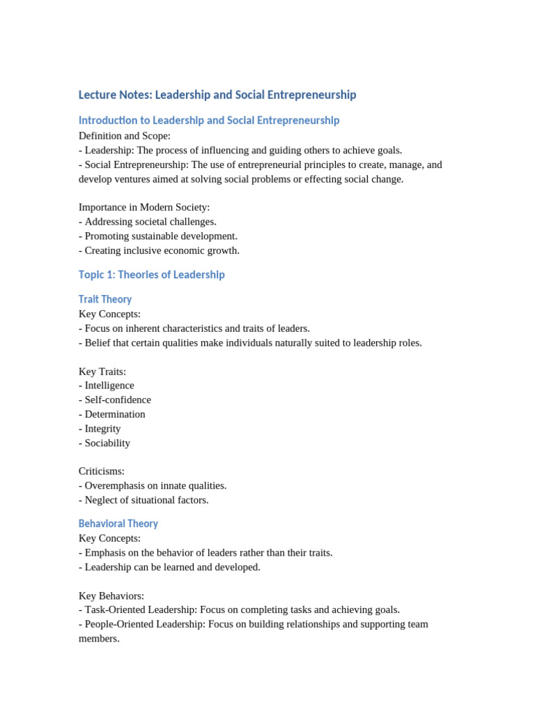 Lecture Notes Leadership Social Entrepreneurship | PDF