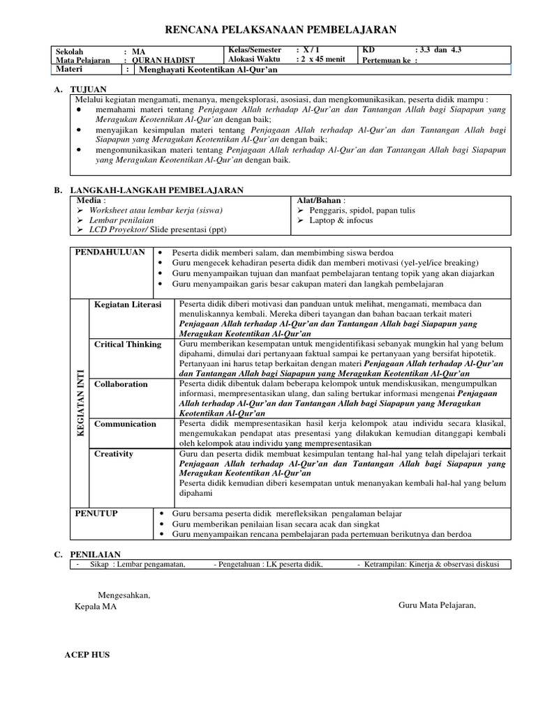 06 RPP 1 Lembar Qurdis Kelas 10 KD 03 | PDF