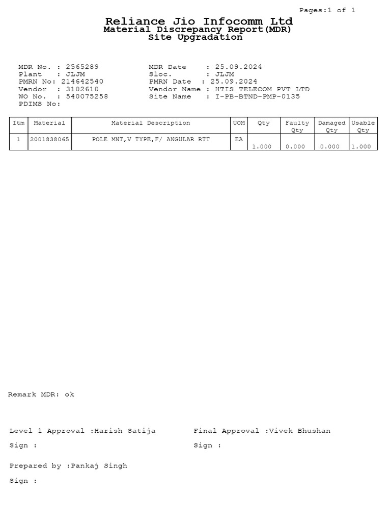 Reliance Jio Infocomm LTD: Material Discrepancy Report (MDR) Site ...