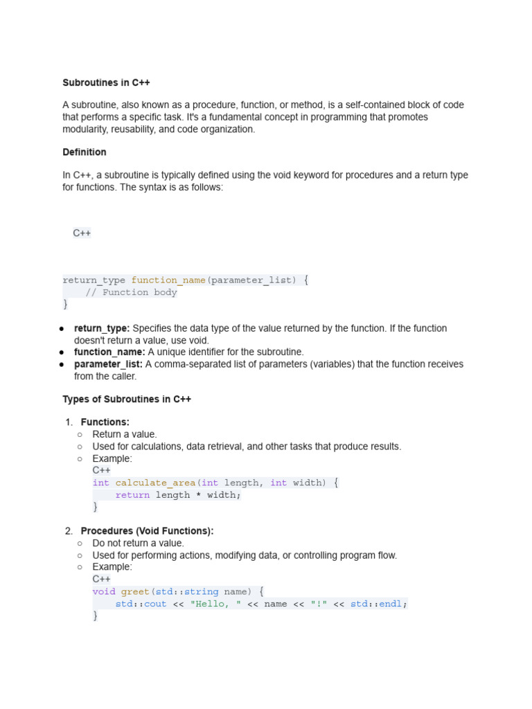 Subroutines Definition Types and Examples in C | PDF | C++ | Software Development