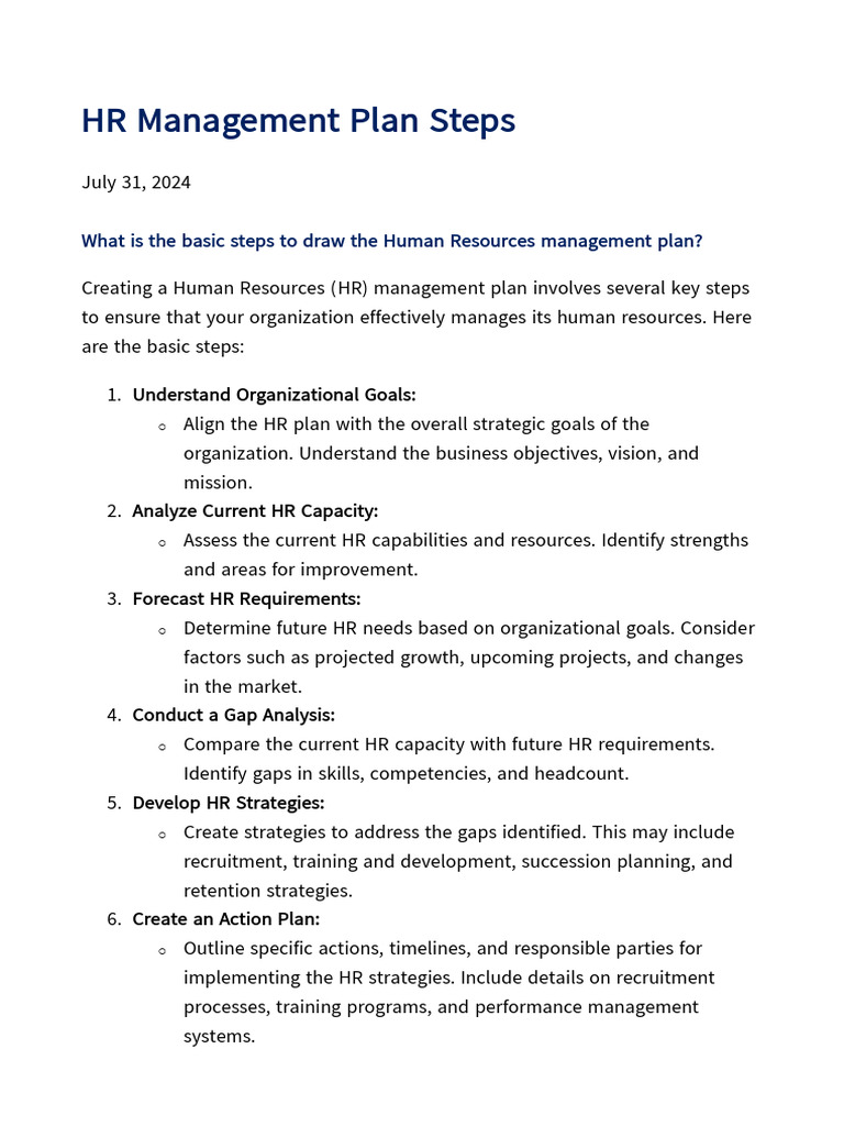 HR Management Plan Steps | PDF