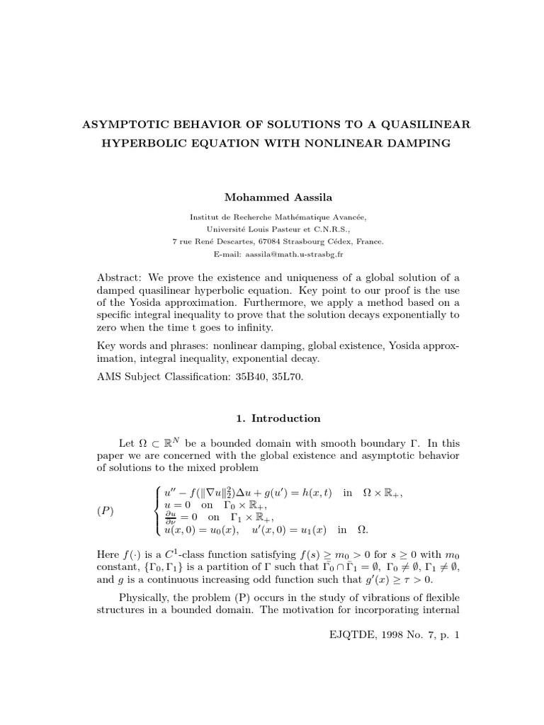 Asymptotic Behavior of Solutions To A Quasilinear Hyperbolic Equation With Nonlinear Damping | PDF