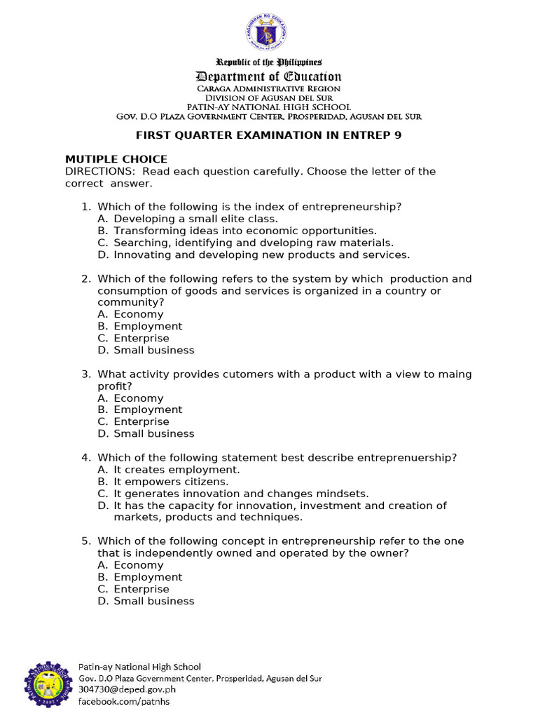 FIRST QUARTER EXAMS in ENTREP 9 - FINAL | PDF