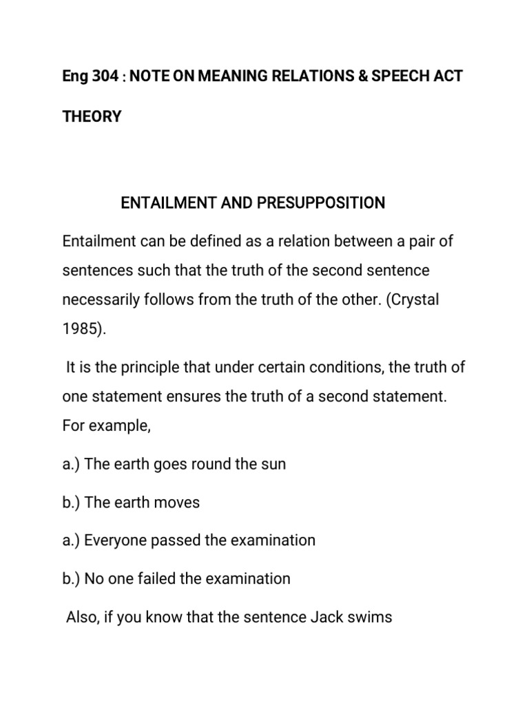 Eng 304 Notes On Meaning Relations and Speech Act Theory | PDF