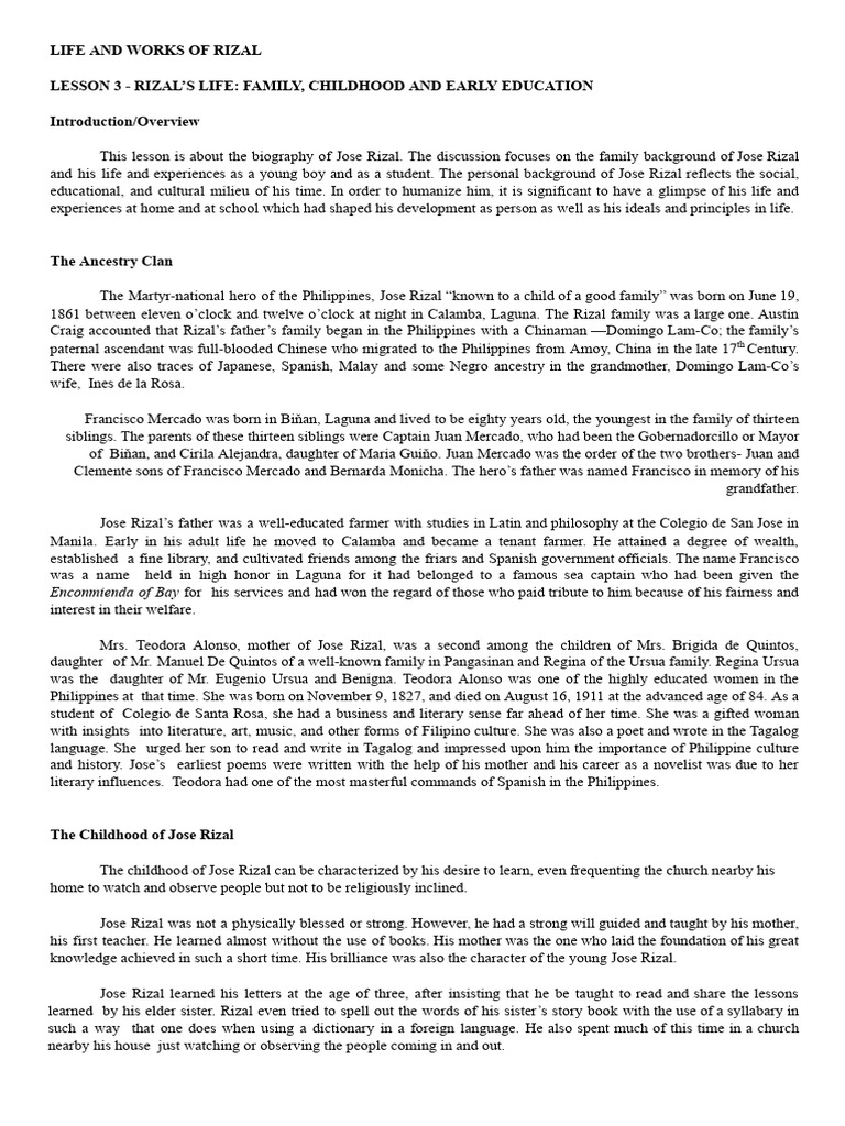 Lesson 3 - Rizal's Family, Childhood and Early Education | PDF