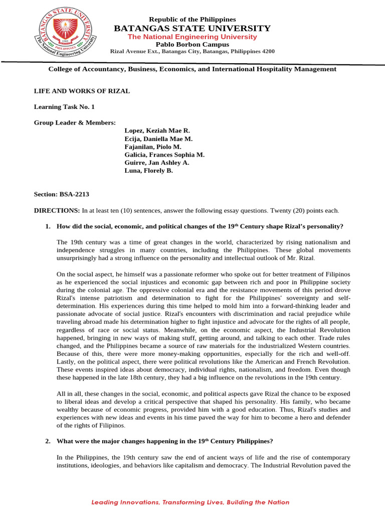 GROUP 4 - Learning Task No. 1 - The 19th Century Philippines As Rizal's Context | PDF