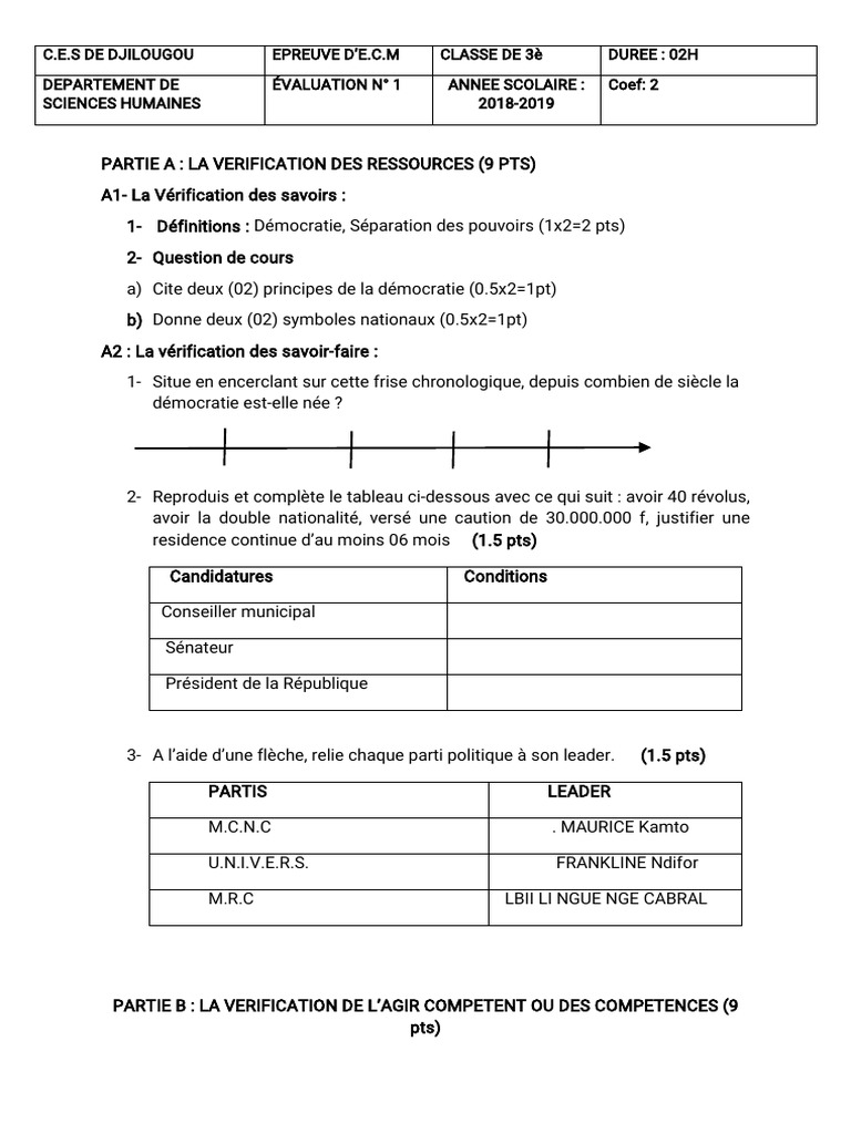 1ere Eval ECM 3eme''' | PDF