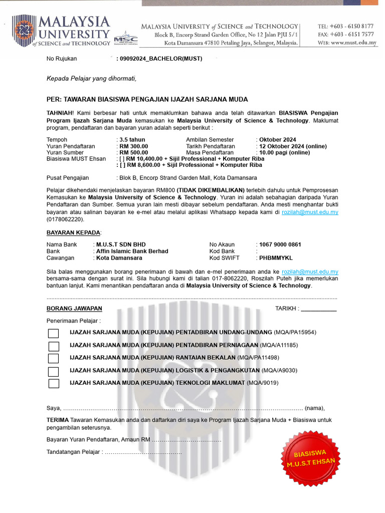 Surat Tawaran Biasiswa Bachelor Online MUST | PDF