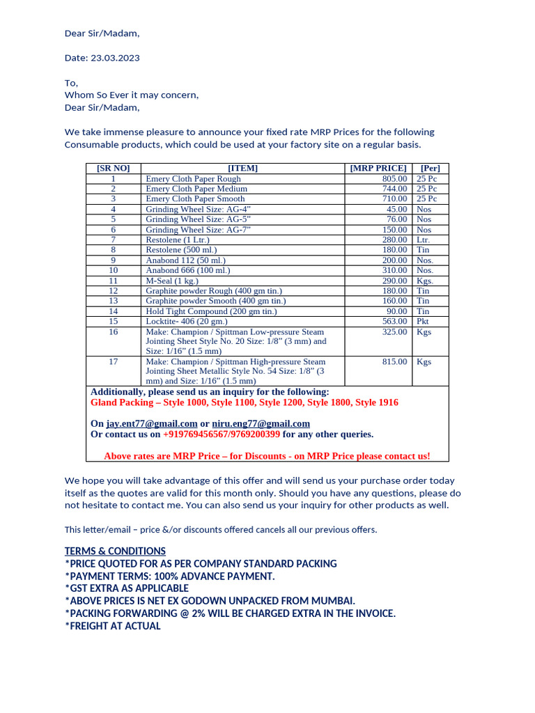 Factory Consumables Price List | PDF