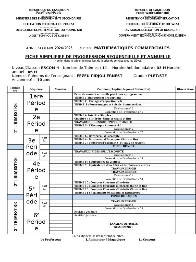 FICHE DE PROGRESSION MATHS APPL Escom 4 PCG TCG | PDF
