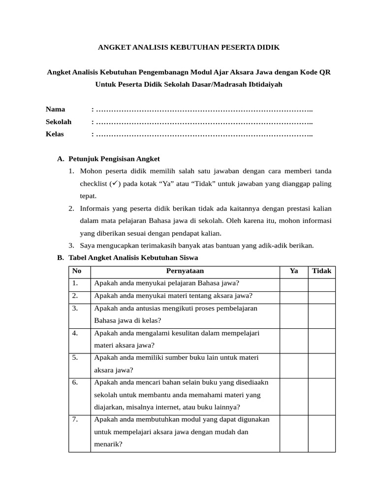 Angket Analisis Kebutuhan Peserta Didik | PDF