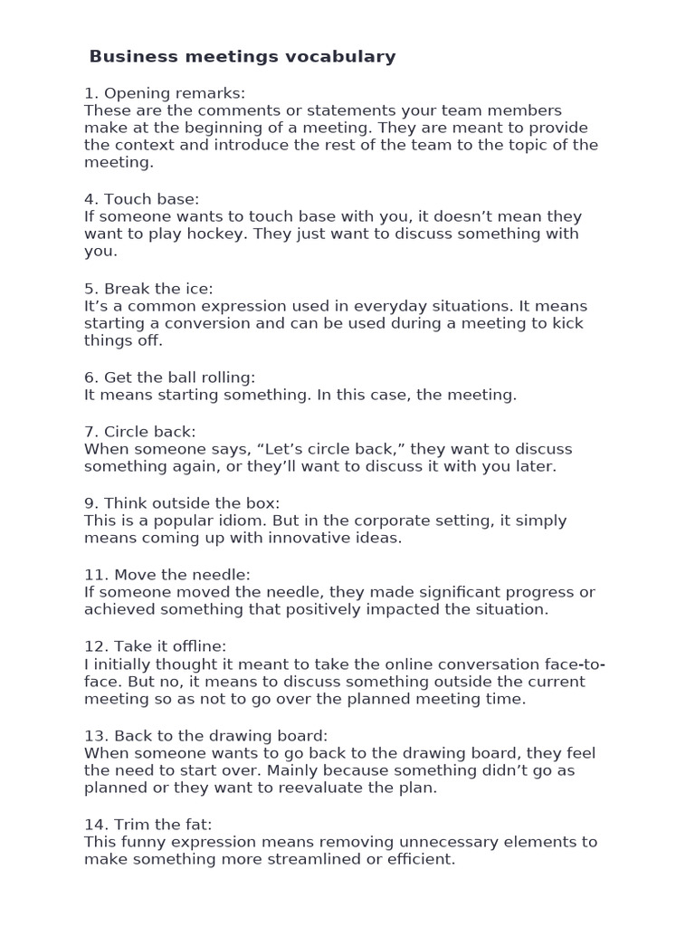 Business Meetings Vocabulary | PDF