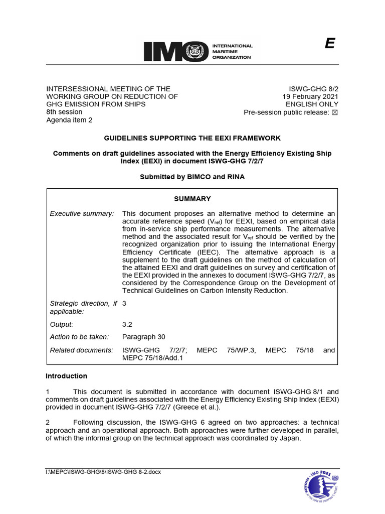 ISWG-GHG 8-2 Comments on Draft Guidelines Associated With EEXI - BIMCO-RINA | PDF