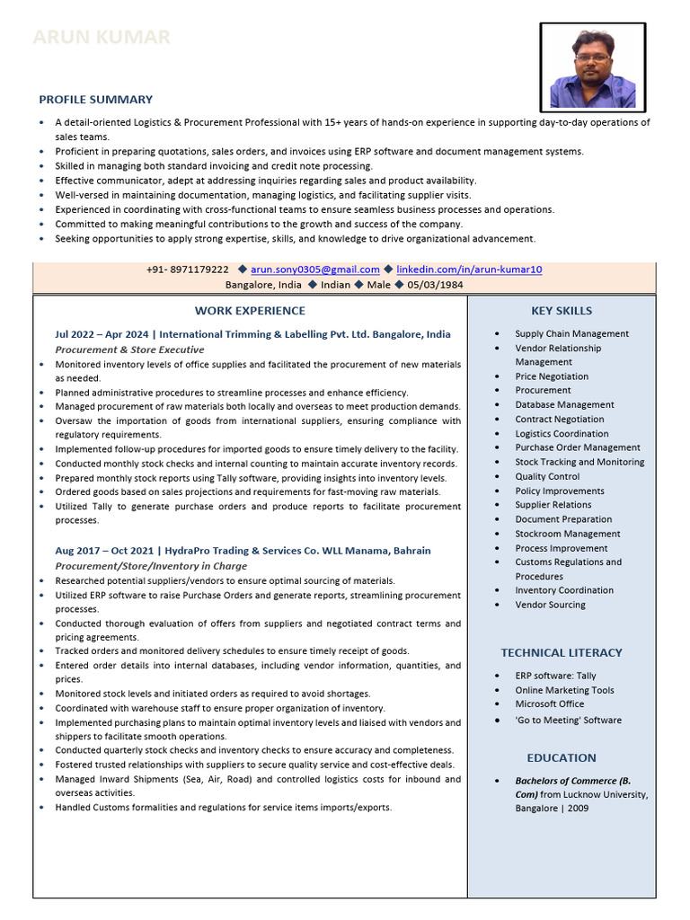 Arun Kumar - Procurement - BA - CV | PDF | Procurement | Supply Chain