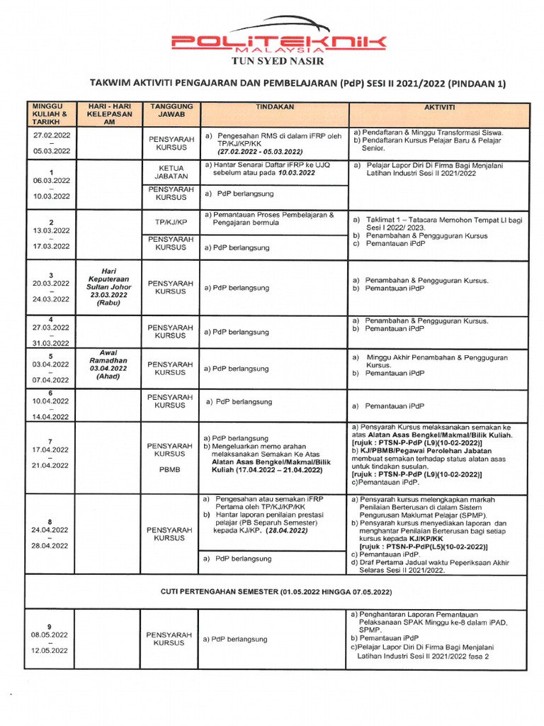 Takwim Aktiviti PDP Sesi Ii 20212022 Pindaan | PDF