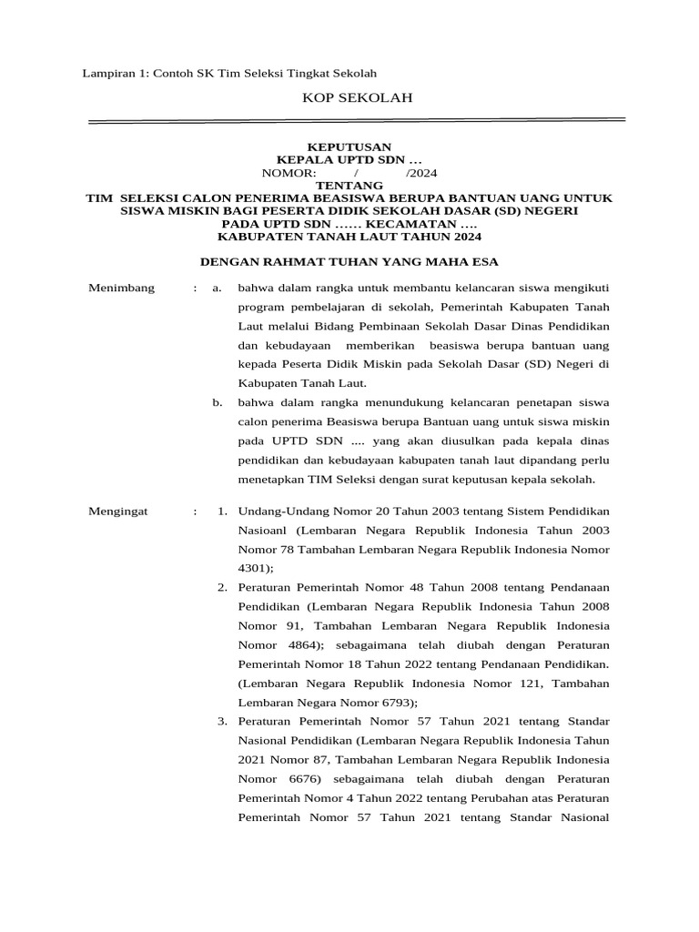 Contoh SK Tim Seleksi BSM Tingkat Satuan Pendidikan SD | PDF