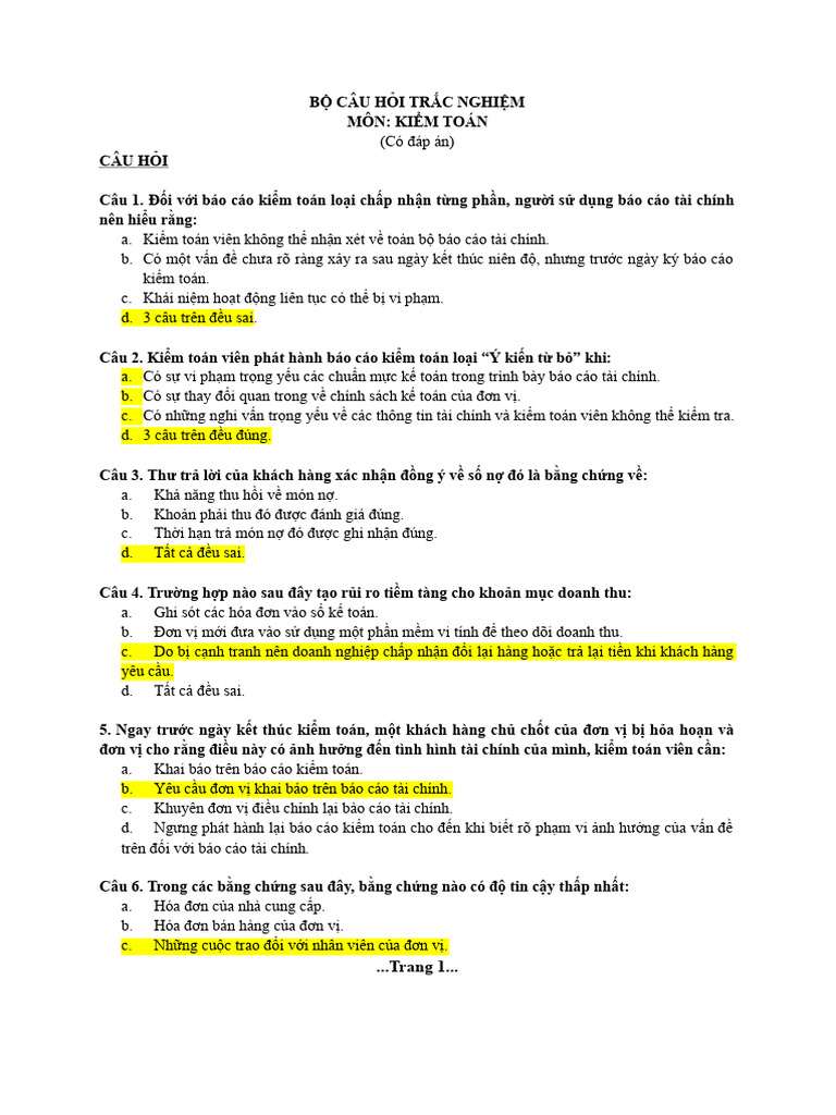 Cau Hoi Trac Nghiem Ve Kiem Toan Can Ban Co San Loi Giai Hoc Vien Ngan 73074 | PDF