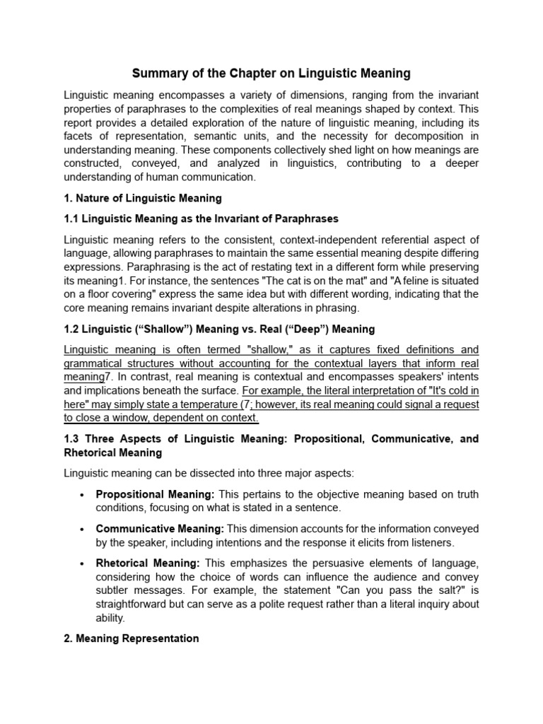 Summary of The Chapter On Linguistic Meaning | PDF