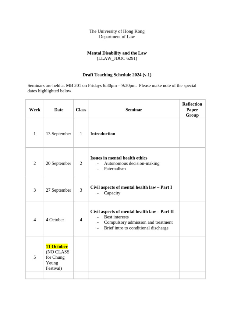 Draft Teaching Timetable - Mental Disability and The Law v.1 | PDF