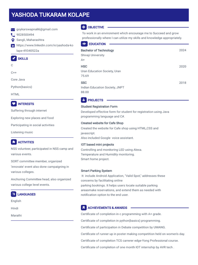 Yashoda Kolape Resume | PDF