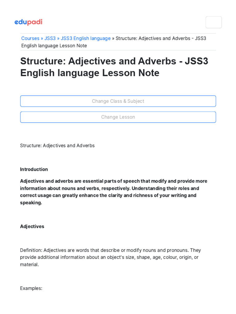Structure - Adjectives and Adverbs - JSS3 English Language Lesson Note ...