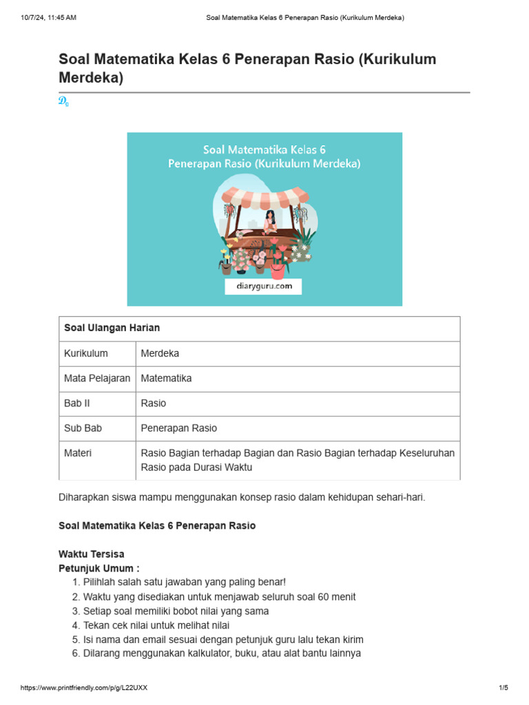 SLH - Soal Matematika Kelas 6 - Penerapan Rasio | PDF