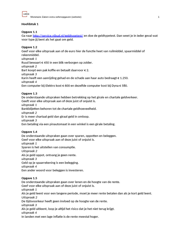 Monetaire Zaken h1 Extra Oefenopgaven Website | PDF