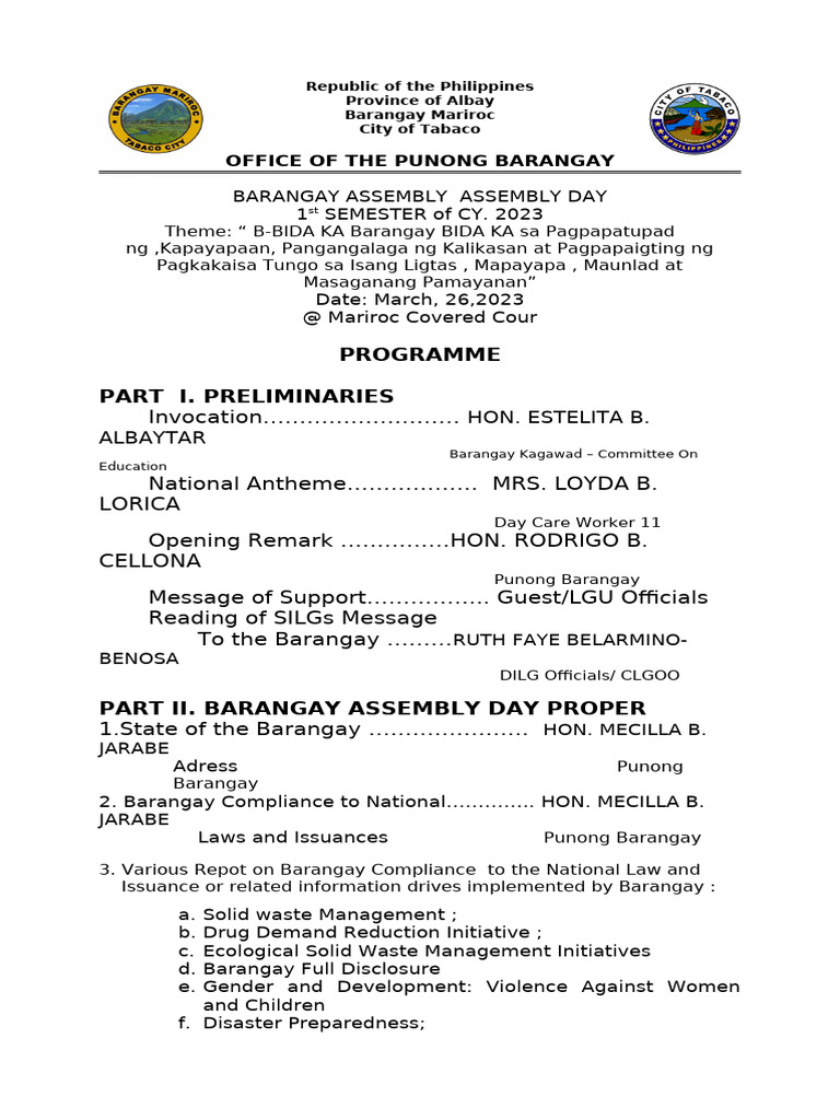 Barangay Assembly 1st sem 2023Programme | PDF