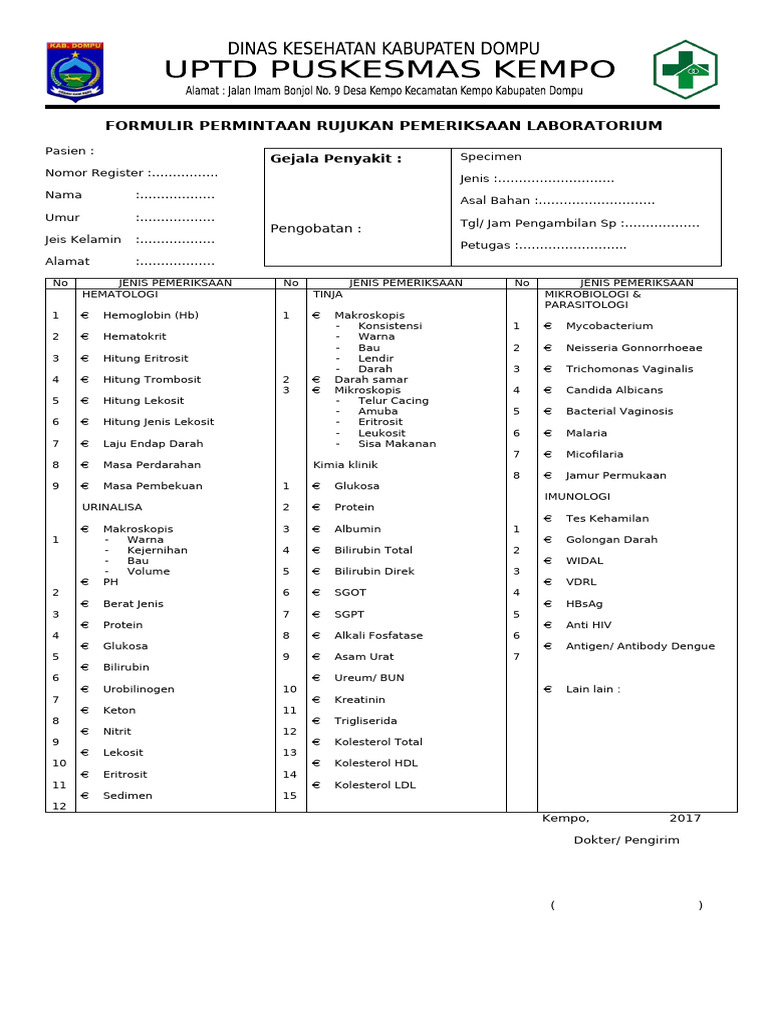 Formulir Permintaan Rujukan Pemeriksaan Laboratorium | PDF