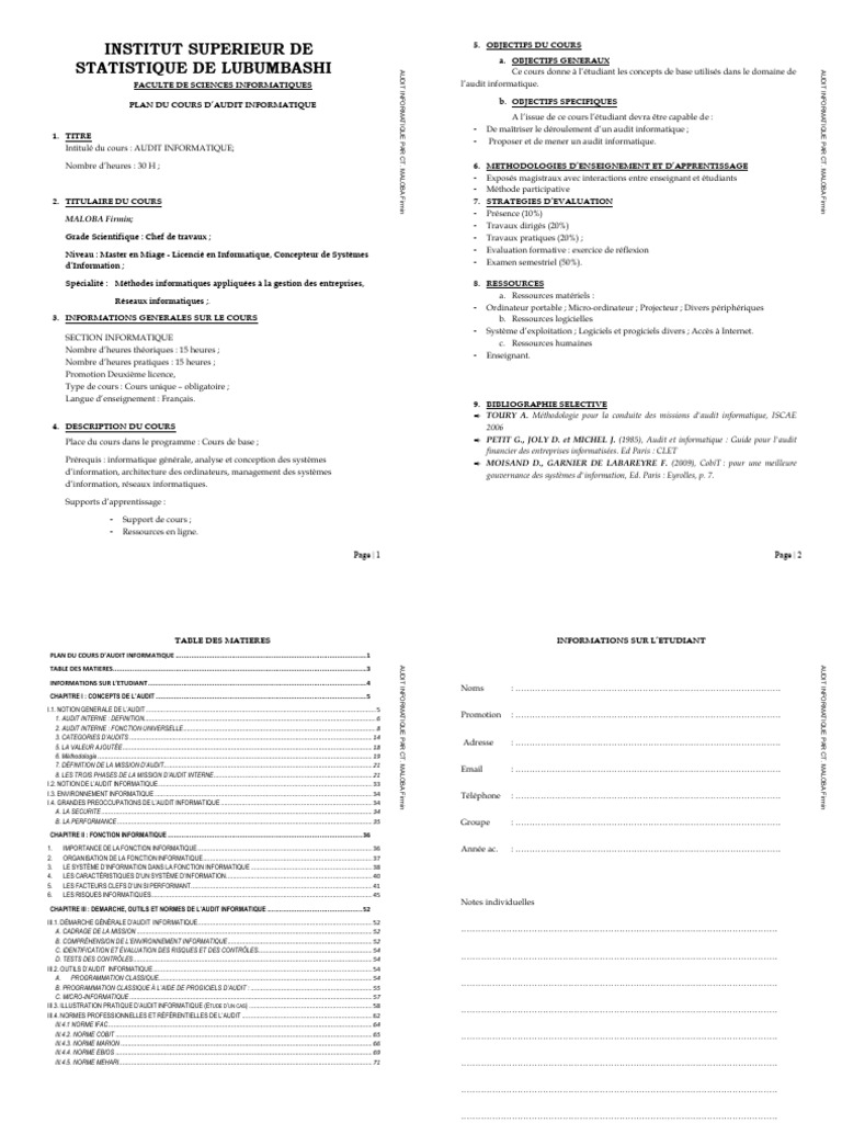 Audit Informatique L2 Informatique Soir 2023 | PDF