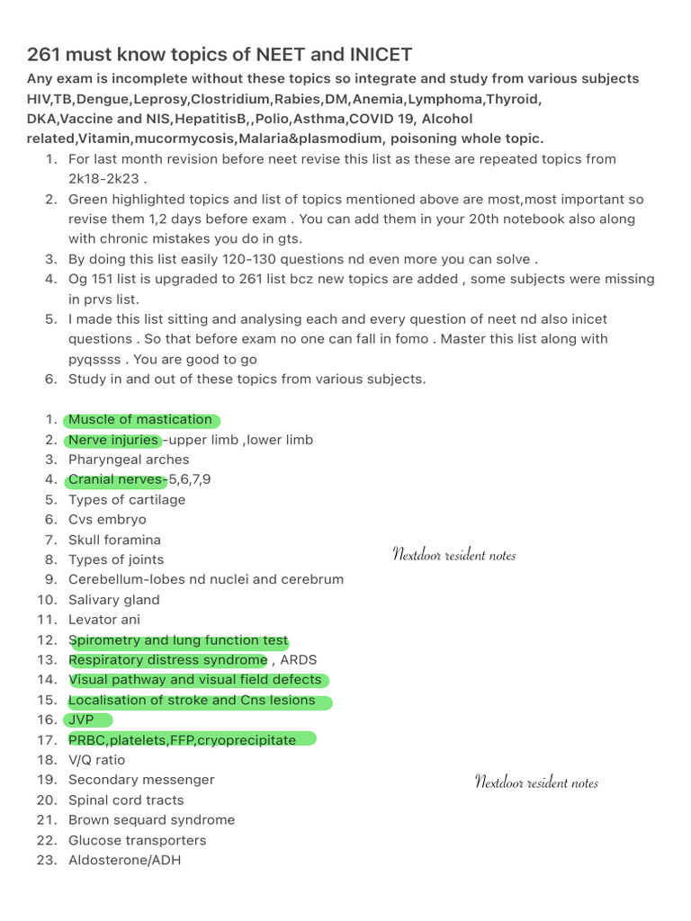 261 Must Know Topics of NEET and INICET | PDF | Clinical Medicine ...