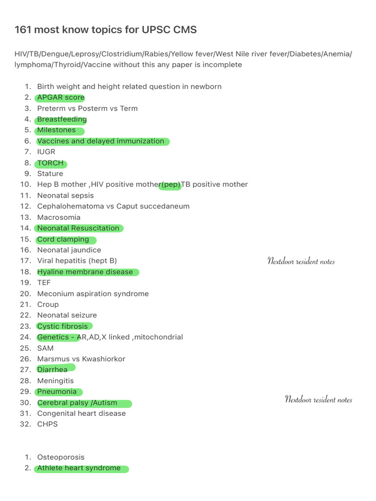 UPSC CMS Key Topics Overview | PDF | Cancer | Diseases And Disorders