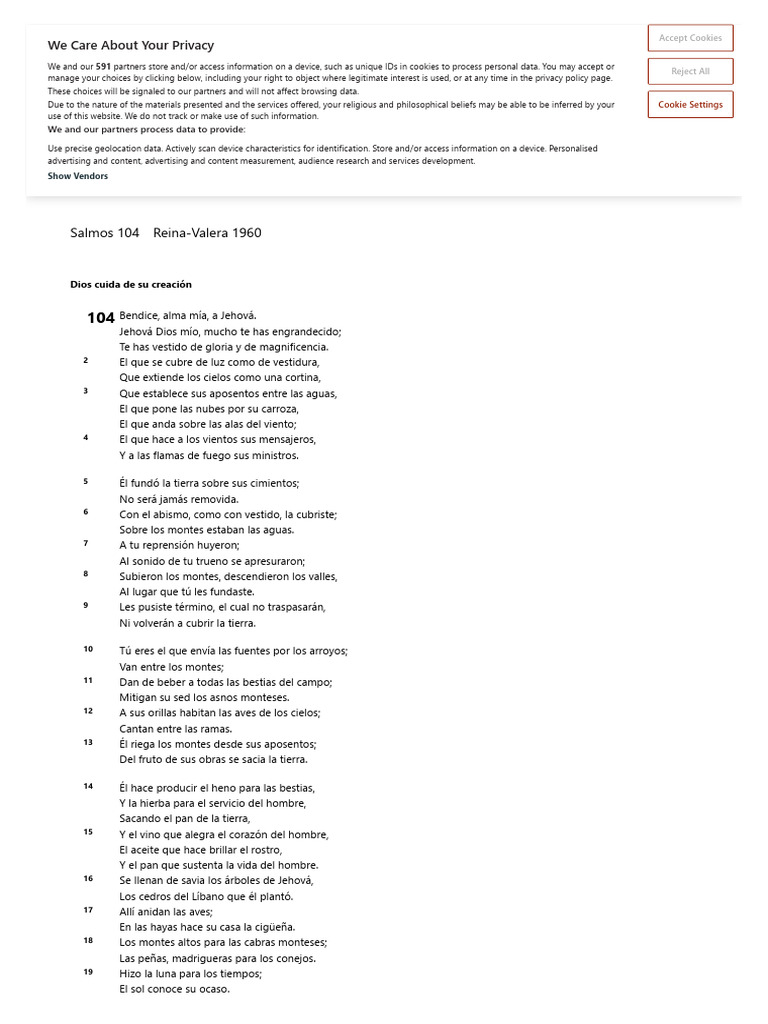 Salmos 104 RVR1960 - Dios Cuida De Su Creación | PDF