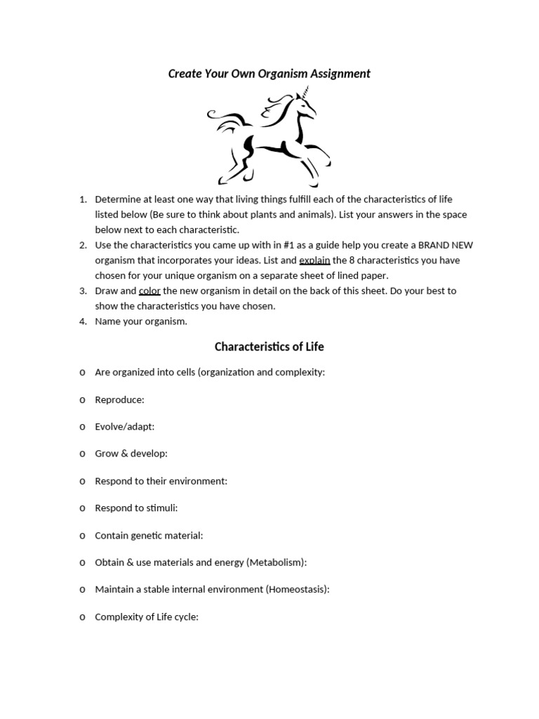 Create Your Own Organism Assignment: Characteristics of Life | PDF