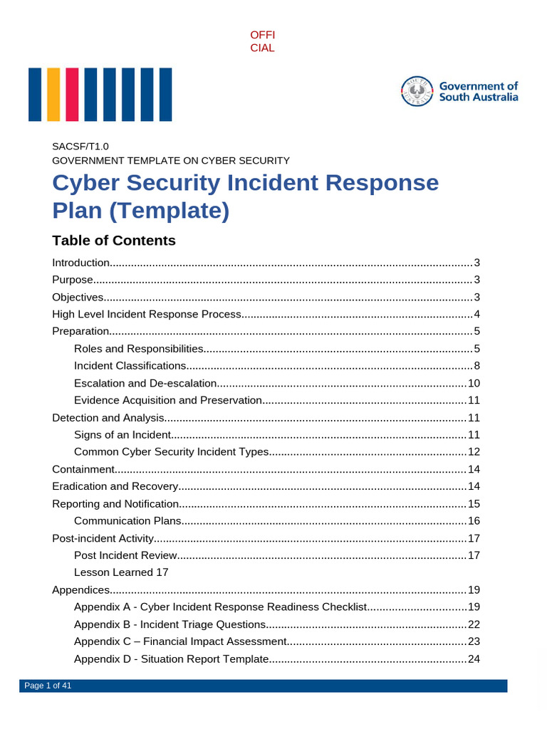 SACSF T1.0 Cyber Security Incident Response Plan Template | PDF