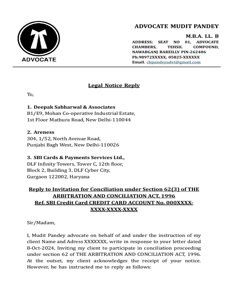 Reply To Invitation For Conciliation For Credit Cards | PDF ...