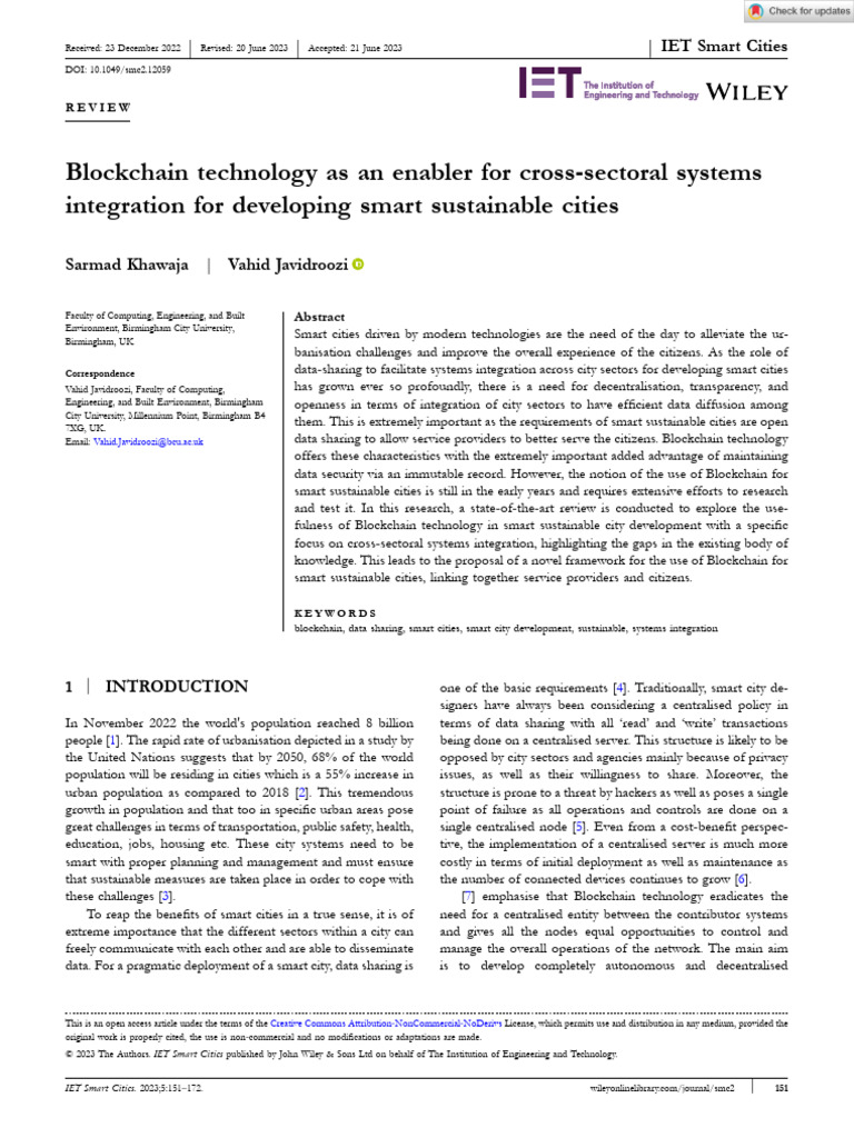 IET Smart Cities - 2023 - Khawaja - Blockchain Technology As An Enabler ...
