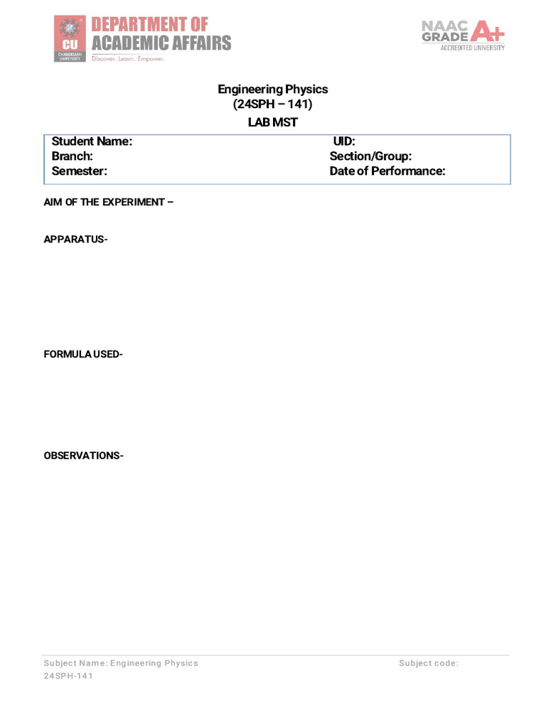 Engineering Physics (24SPH - 141) Lab MST Student Name: Uid: Branch: Section/Group: Semester ...