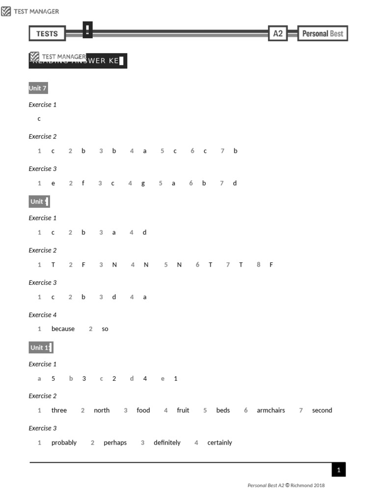 Personal Best A2B Reading Tests Answer Key | PDF
