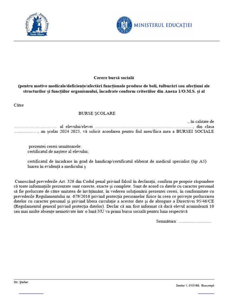 Cerere Bursa Sociala - .Motive Medicale | PDF
