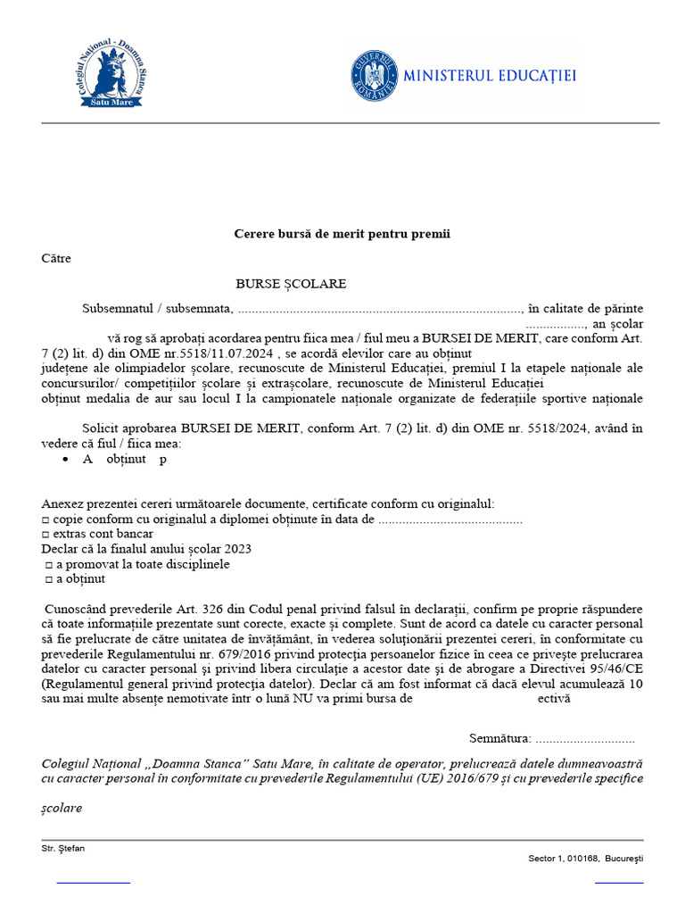 Cerere Bursa de Merit - Premii | PDF