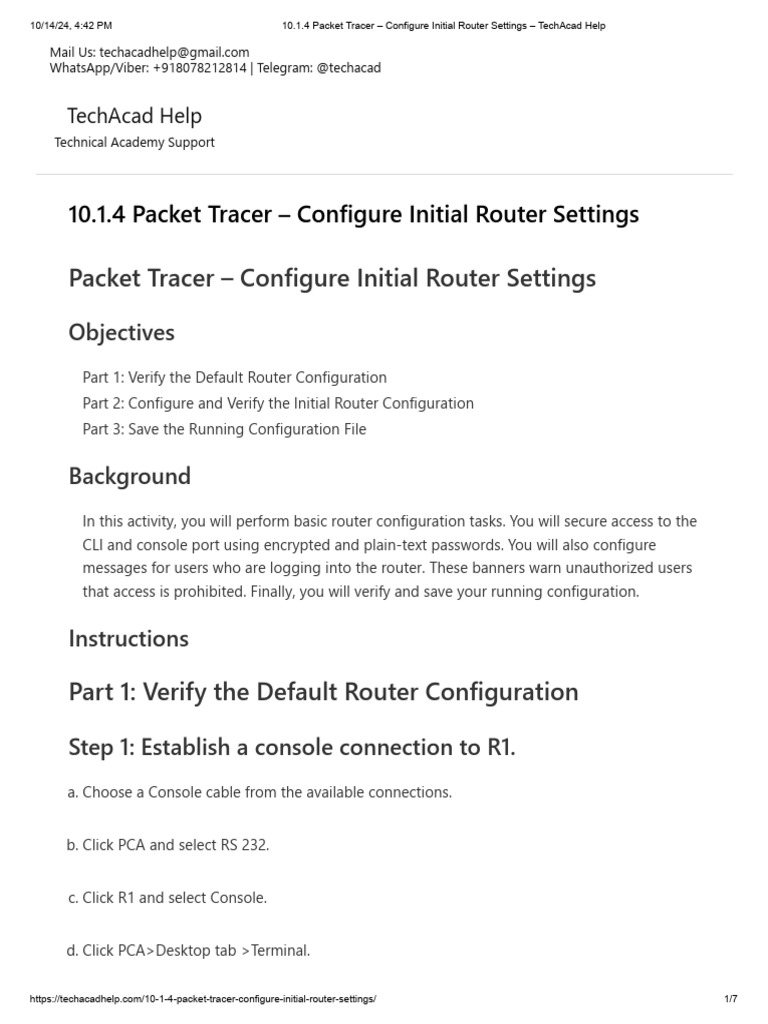 10.1.4 Packet Tracer - Configure Initial Router Settings - TechAcad Help | PDF