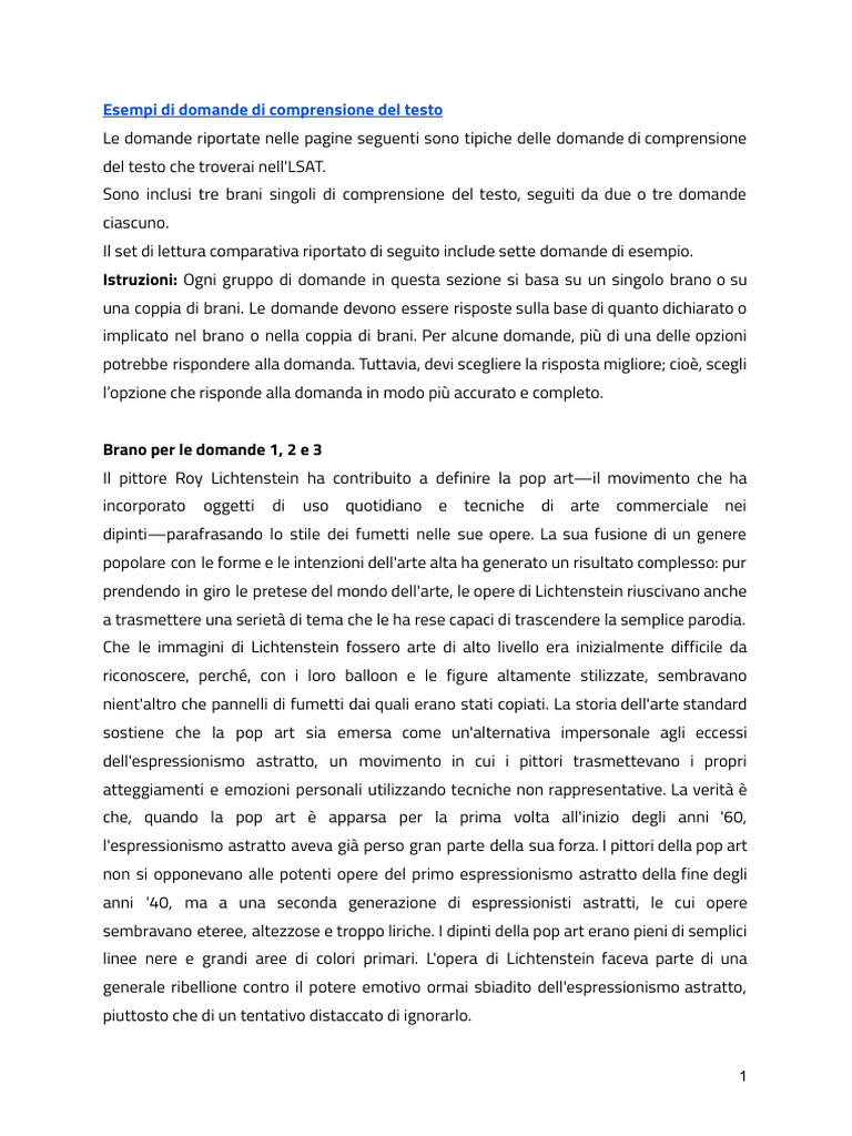 LSAT - Esempi Di Domande Di Comprensione Del Testo | PDF