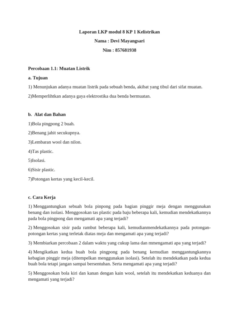Laporan LKP Modul 8 KP 1 Kelistrikan | PDF