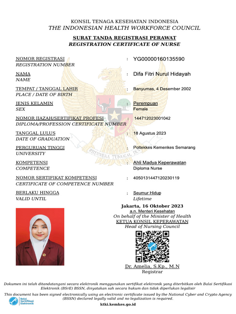 Surat Tanda Registrasi Perawat - Difafitrinurulhidayah | PDF
