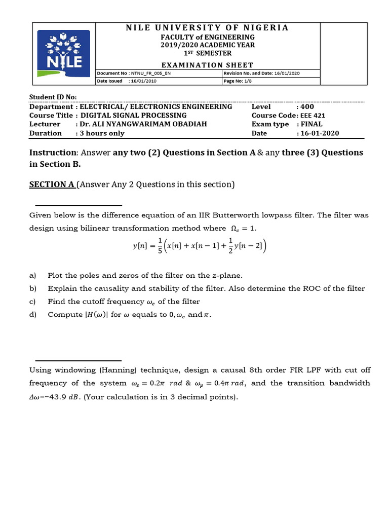 Eee DSP 2020 Exam | PDF